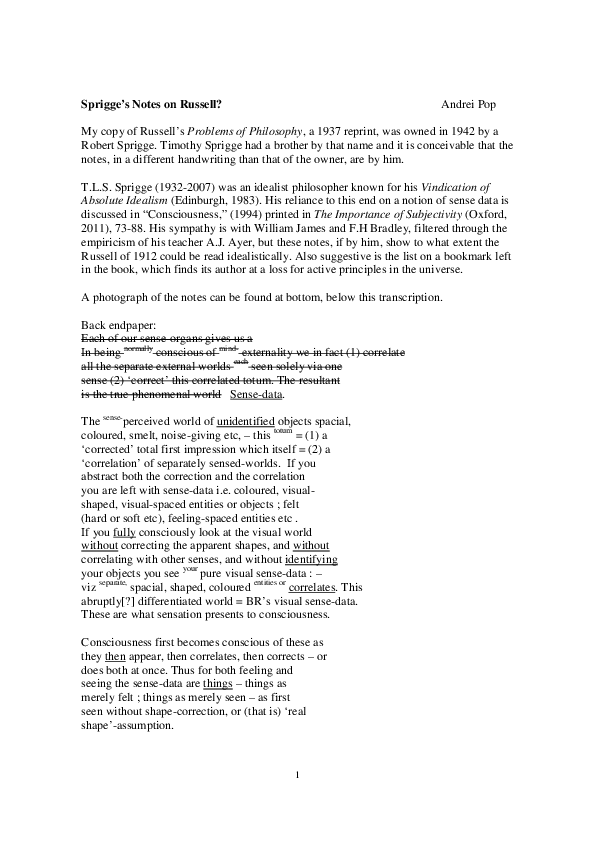 (PDF) Sprigge's Notes on Russell