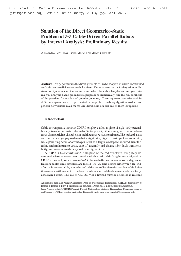 Solving The Direct Geometrico Static Problem Of 3 3 Cable Driven Parallel Robots By Interval
