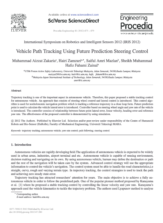 (PDF) Vehicle Path Tracking Using Future Prediction Steering Control