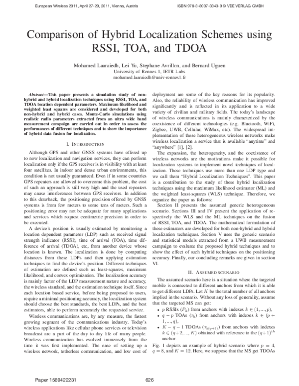 Pdf Comparison Of Hybrid Localization Schemes Using Rssi Toa And Tdoa