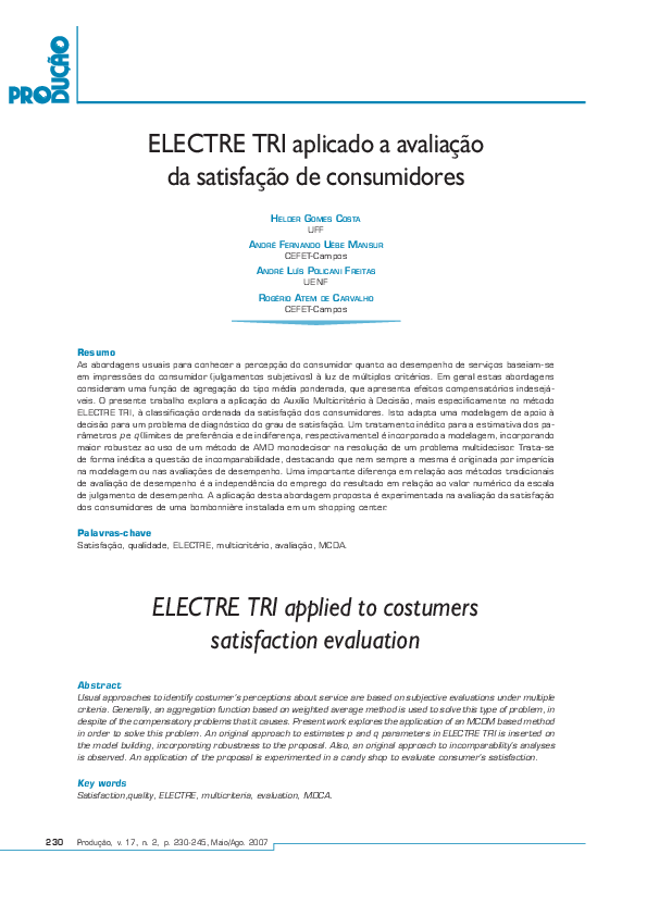(PDF) ELECTRE TRI applied to costumers satisfaction evaluation