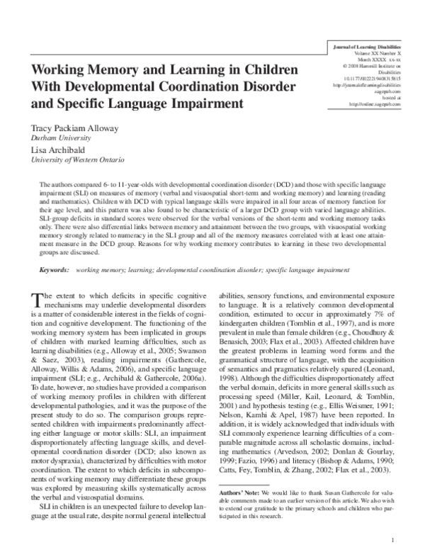 (PDF) Working Memory and Learning in Children With Developmental Coordination Disorder and ...