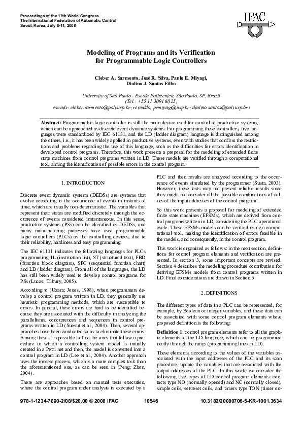 (PDF) Modeling of programs and its verification for programmable logic controllers