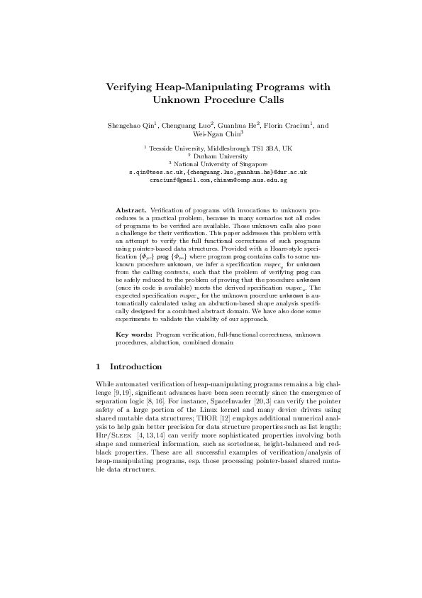 (PDF) Verifying heap-manipulating programs with unknown procedure calls