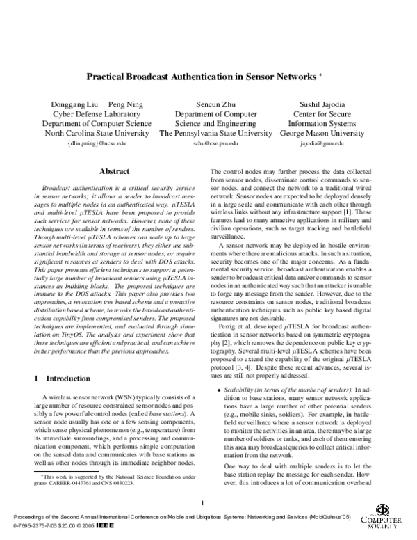 Pdf Scalable Broadcast Authentication For Sensor Networks