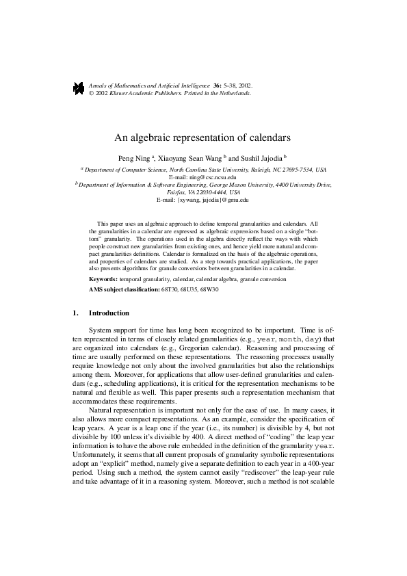 (PDF) An algebraic representation of calendars
