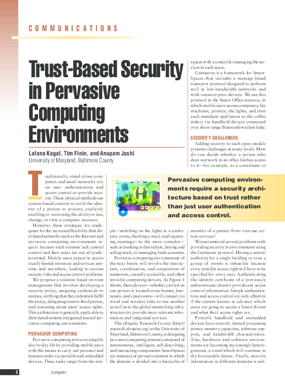 Pdf Trust Based Security In Pervasive Computing Environments Tim Finin