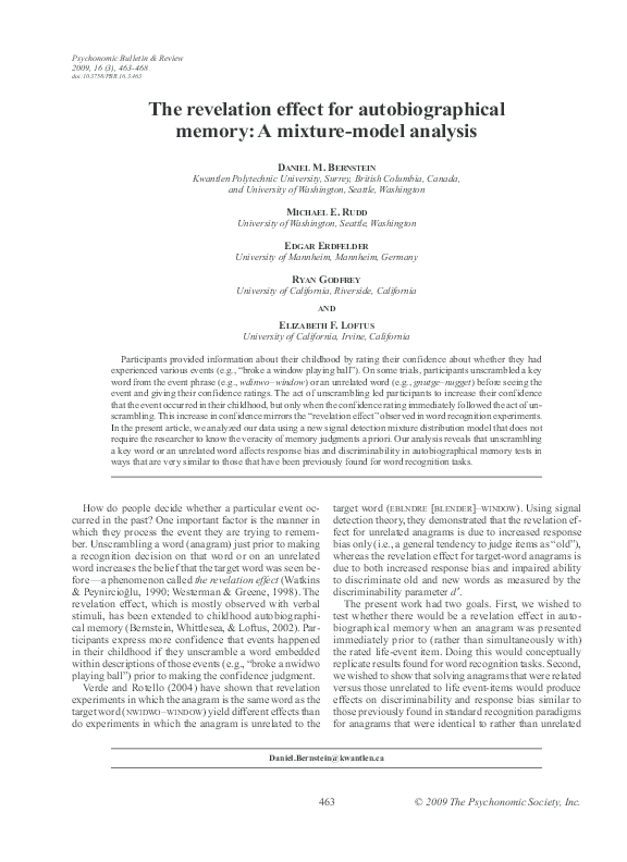 (PDF) The revelation effect for autobiographical memory: A mixture-model analysis