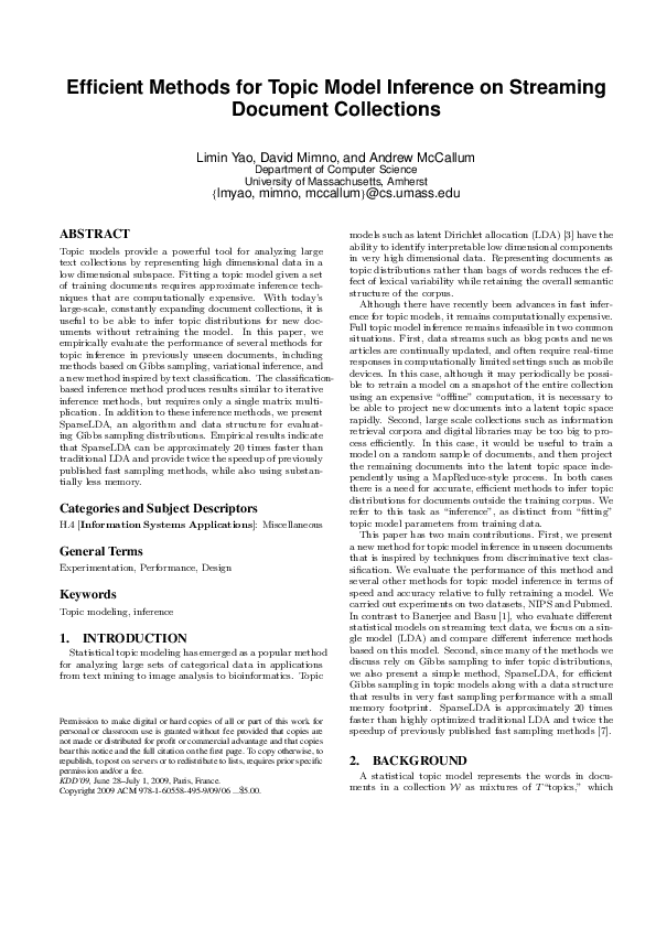 (PDF) Efficient methods for topic model inference on streaming document collections