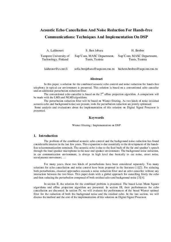 Pdf Acoustic Echo Cancellation And Noise Reduction For Hands Free Communications Techniques