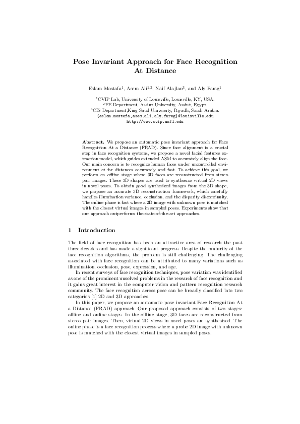 (PDF) Pose invariant approach for face recognition at distance