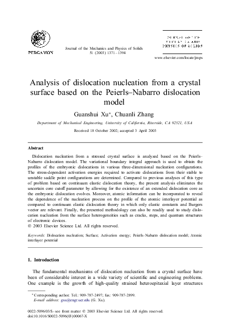(PDF) Analysis of dislocation nucleation from a crystal surface based on the Peierls–Nabarro ...