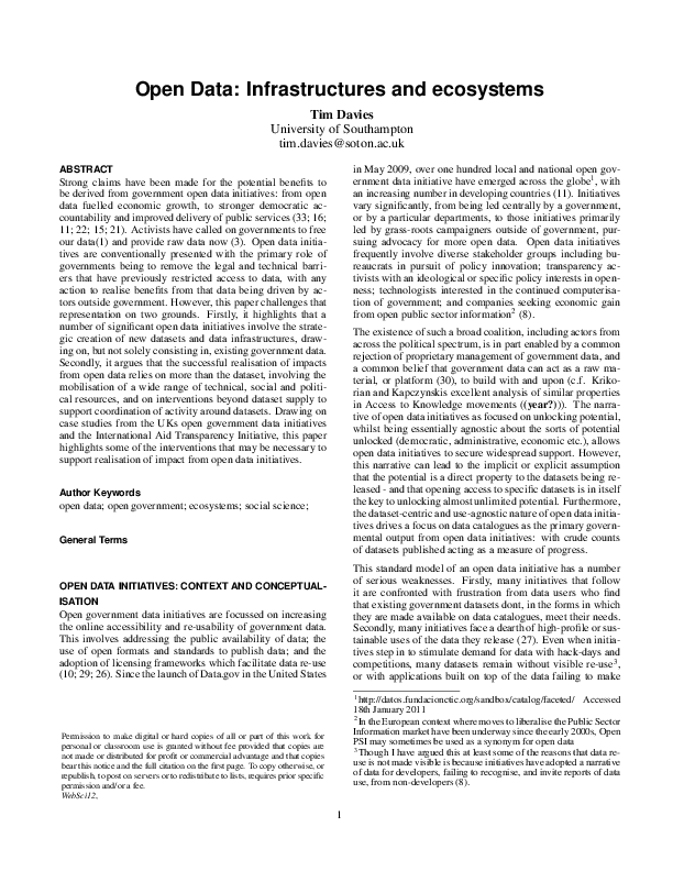 (PDF) Open Data: Infrastructures and ecosystems