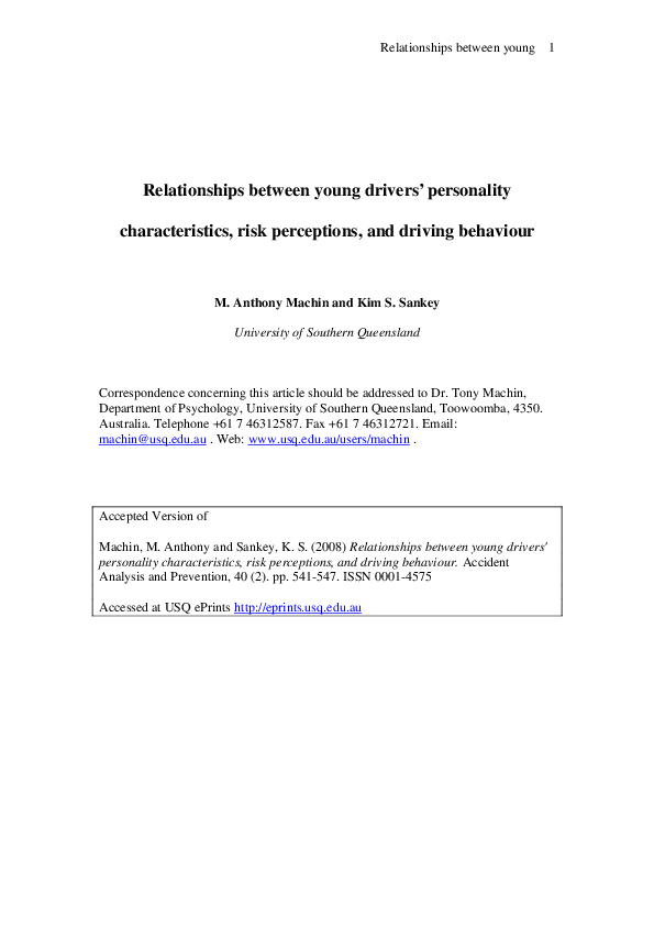 (PDF) Relationships between young drivers’ personality characteristics, risk perceptions, and ...