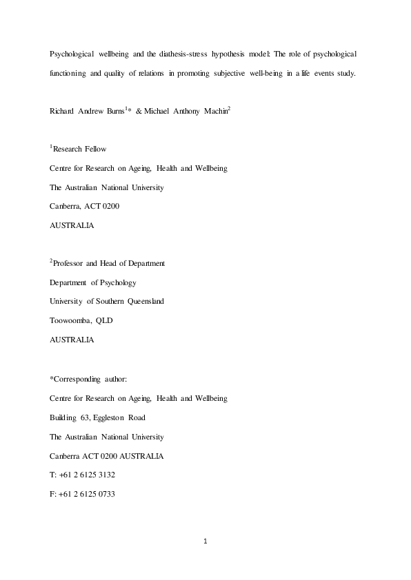 (PDF) Psychological wellbeing and the diathesis-stress hypothesis model ...