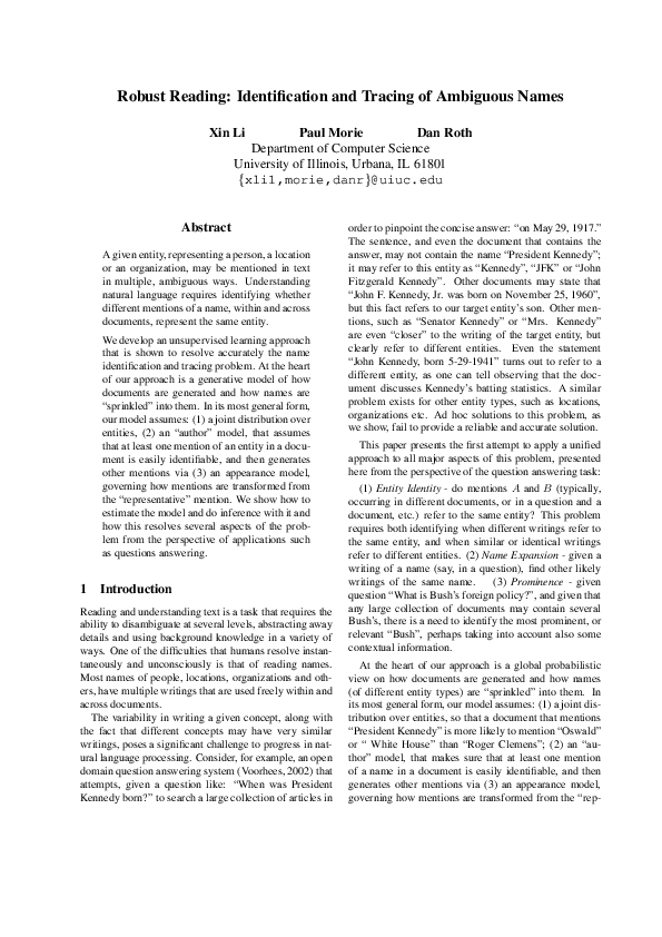 (PDF) Robust reading: Identification and tracing of ambiguous names