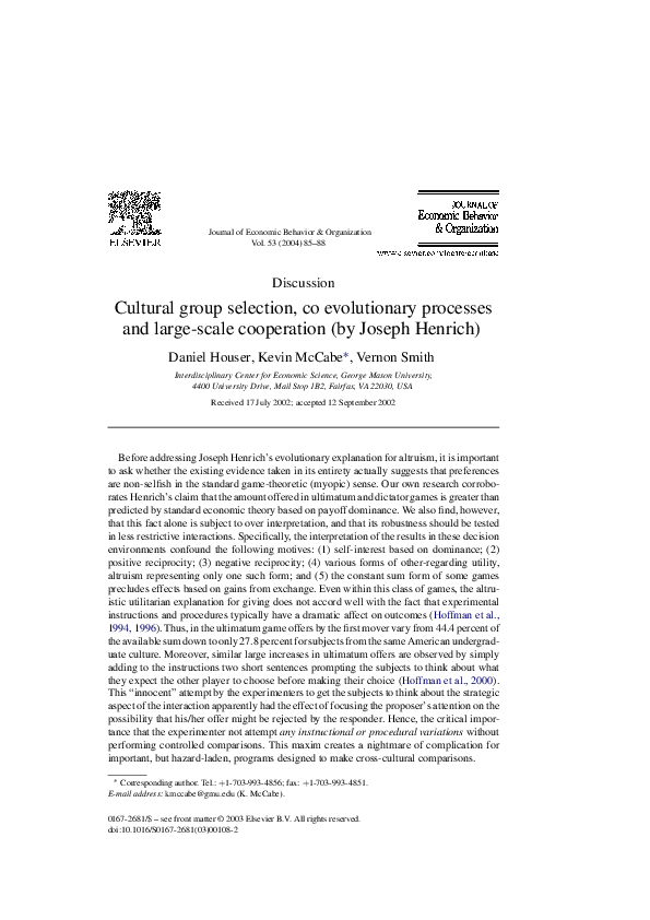 (PDF) Cultural group selection, co evolutionary processes and large ...