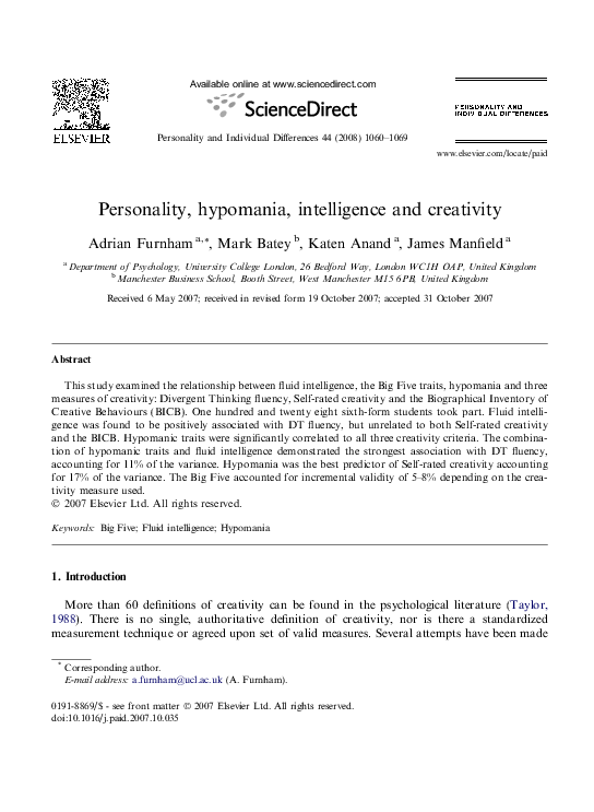 (PDF) Personality, hypomania, intelligence and creativity