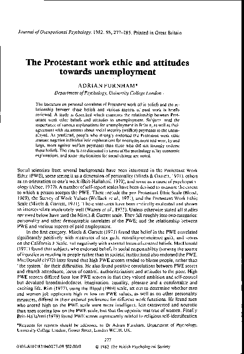(PDF) The Protestant work ethic and attitudes towards unemployment