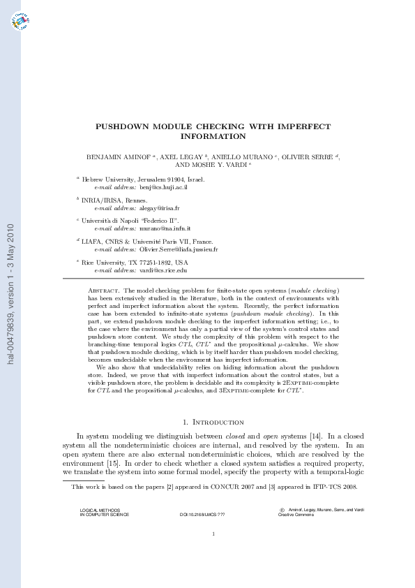 (PDF) Pushdown module checking with imperfect information