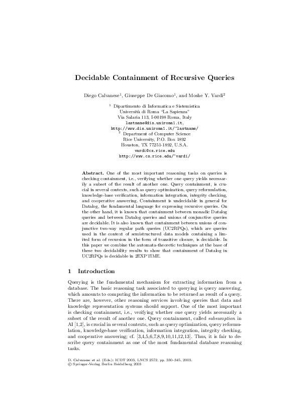 (PDF) Decidable containment of recursive queries