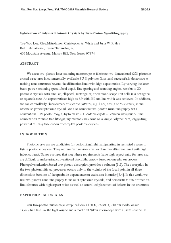 (PDF) Fabrication of polymer photonic crystals by two-photon nanolithography