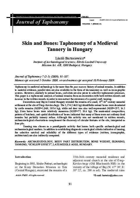 (PDF) Skin and Bones: Taphonomy of a Medieval Tannery in Hungary