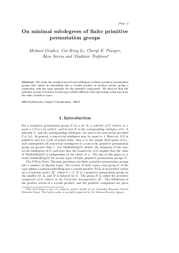 Pdf On Minimal Subdegrees Of Finite Primitive Permutation Groups Cheryl Praeger