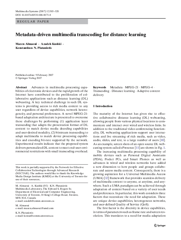 Pdf Metadata Driven Multimedia Transcoding For Distance Learning 