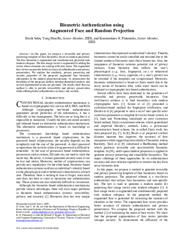 Pdf Biometric Authentication Using Augmented Face And Random Projection