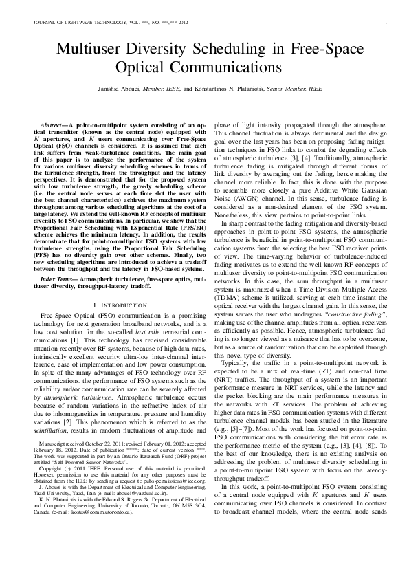 (PDF) Multiuser Diversity Scheduling in Free-Space Optical Communications