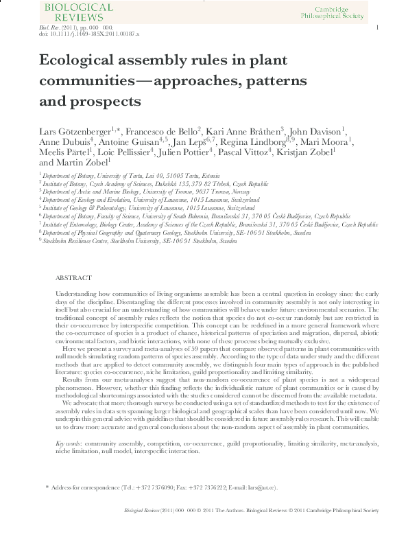 (PDF) Ecological assembly rules in plant communities—approaches ...