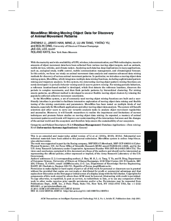 (PDF) MoveMine: Mining moving object data for discovery of animal movement patterns