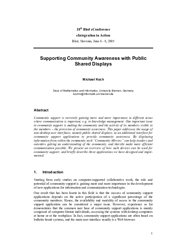 (PDF) Supporting community awareness with public shared displays