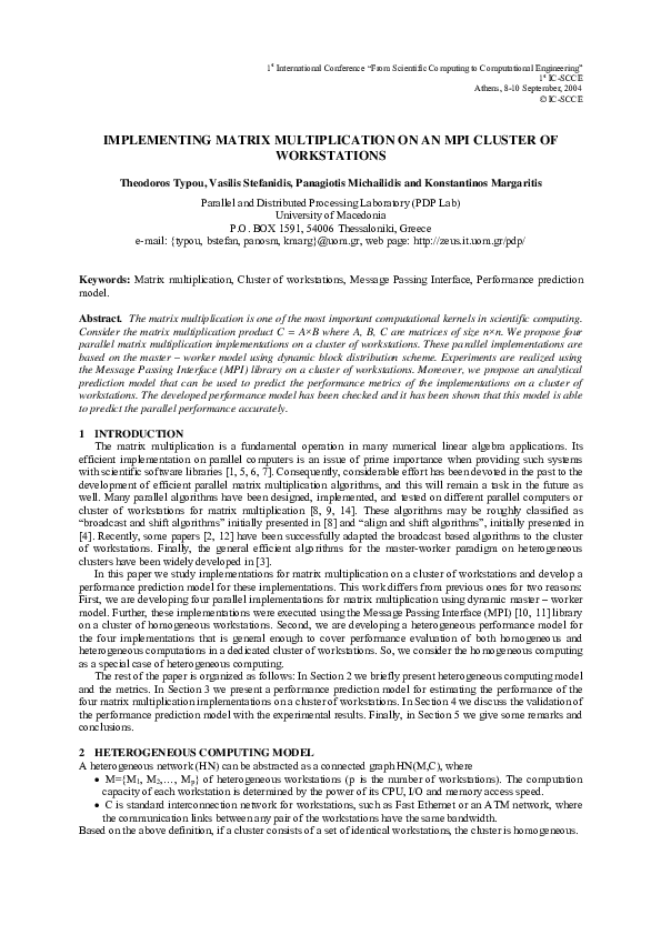 (PDF) Implementing Matrix Multiplication on an MPI Cluster of workstations