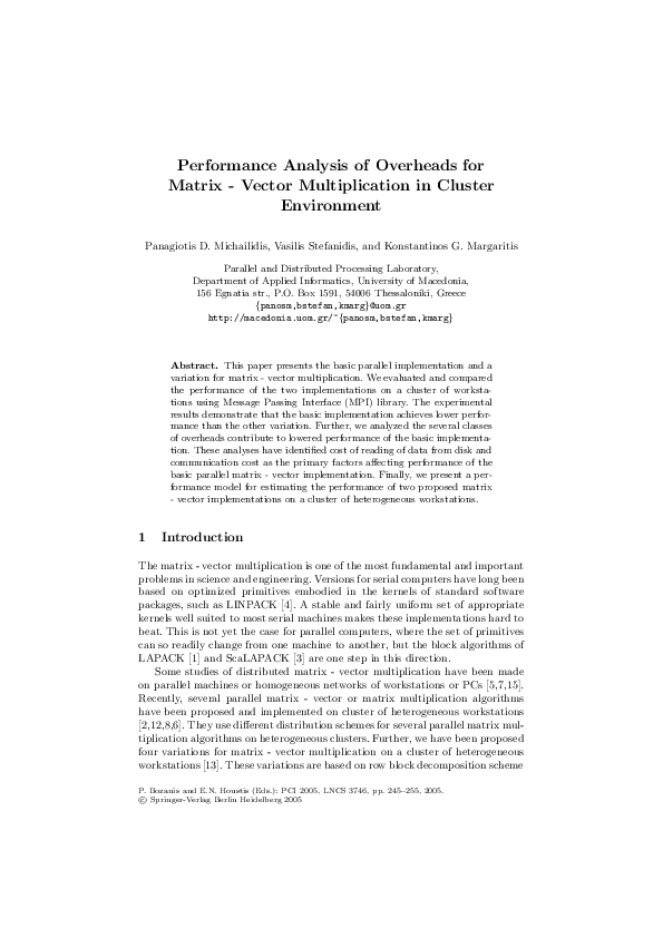 Pdf Performance Analysis Of Overheads For Matrixvector Multiplication In Cluster Environment