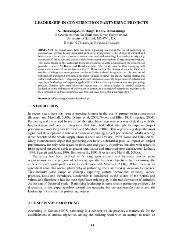 (PDF) Leadership in construction partnering projects