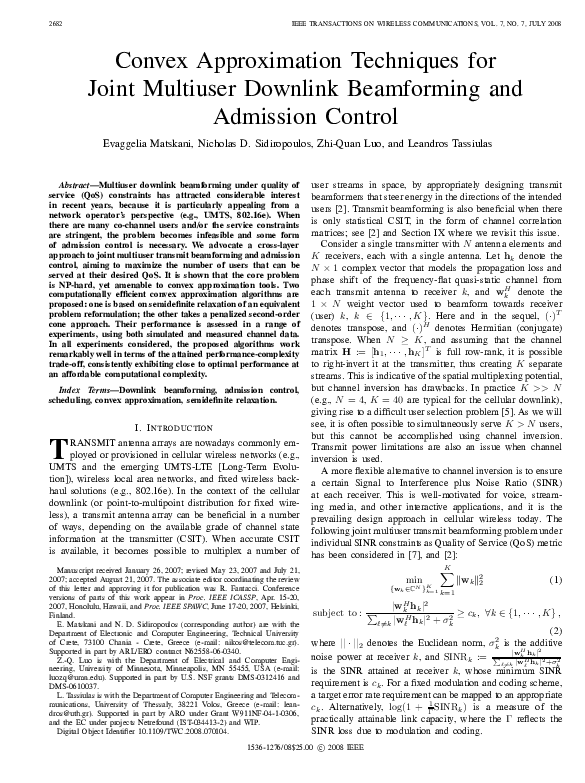 (PDF) Convex approximation techniques for joint multiuser downlink beamforming and admission control