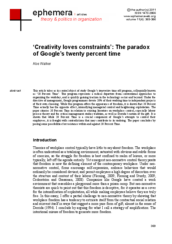 (PDF) ‘Creativity loves constraints’: The paradox of Google’s twenty ...