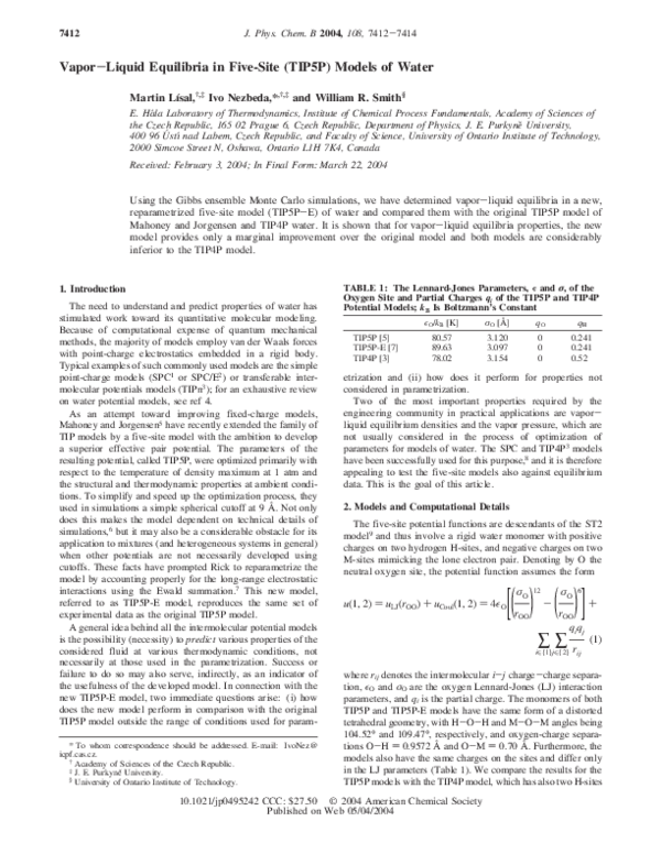 (PDF) Vapor-liquid equilibria in five-site (TIP5P) models of water ...