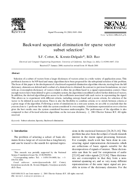 Pdf Backward Sequential Elimination For Sparse Vector Subset Selection