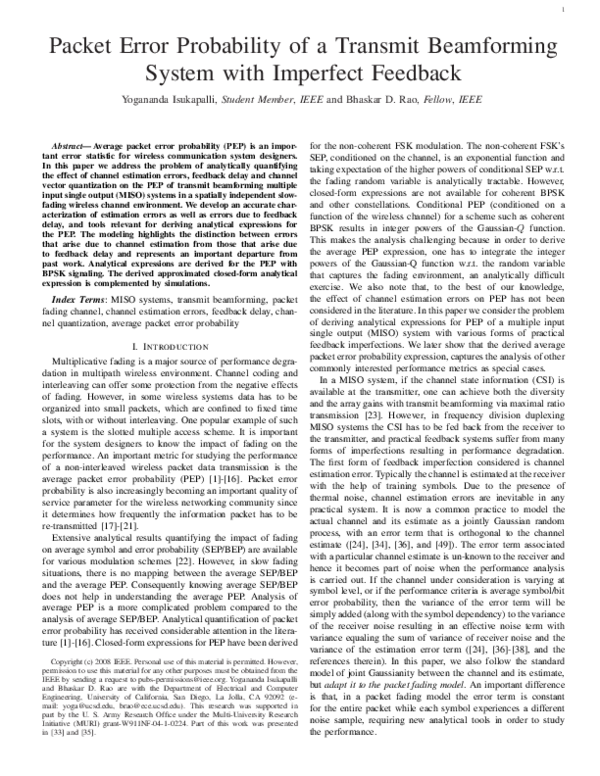 (PDF) Packet error probability of a transmit beamforming system with imperfect feedback