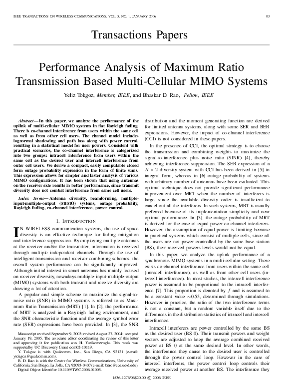 (PDF) Performance analysis of maximum ratio transmission based multi-cellular MIMO systems