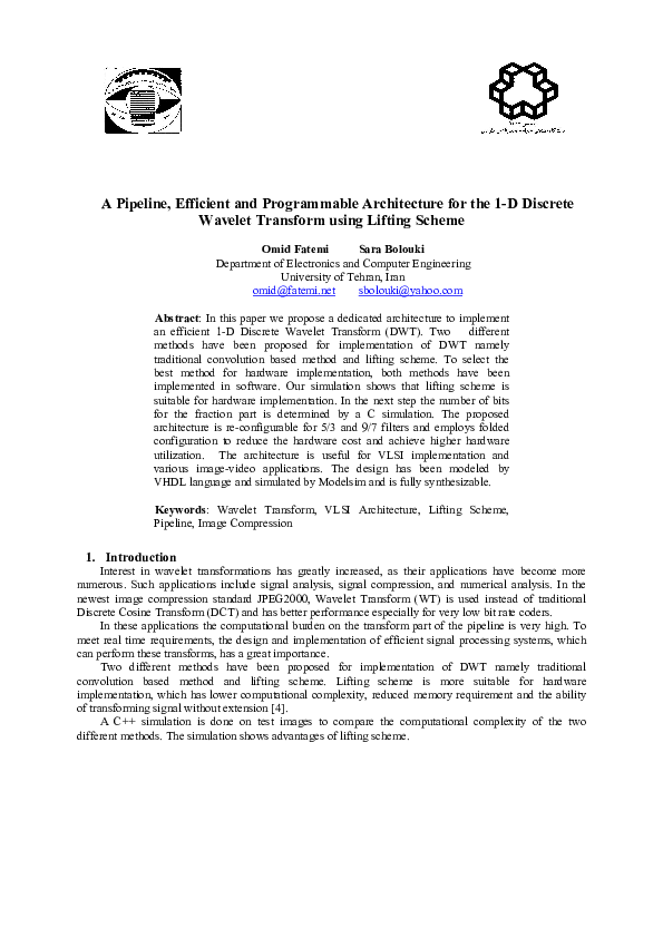 (PDF) A Pipeline, Efficient and Programmable Architecture for the 1-D Discrete Wavelet Transform ...