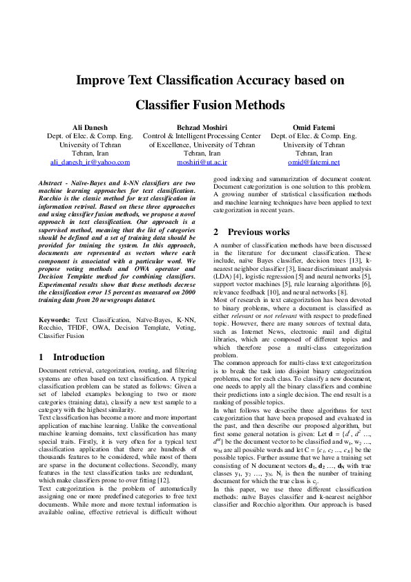 Pdf Improve Text Classification Accuracy Based On Classifier Fusion