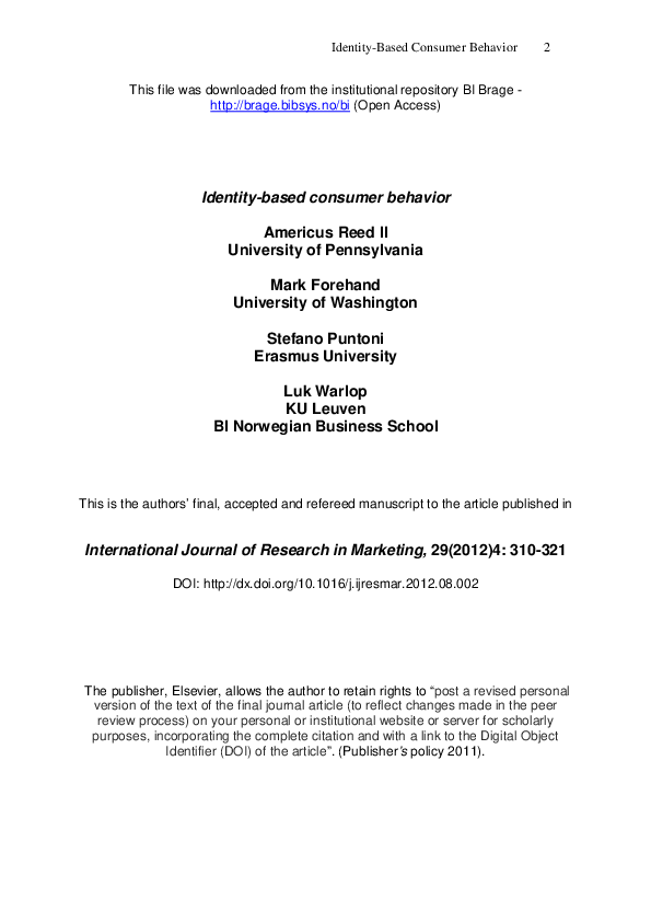 (PDF) Identity-based consumer behavior Americus Reed II University of ...