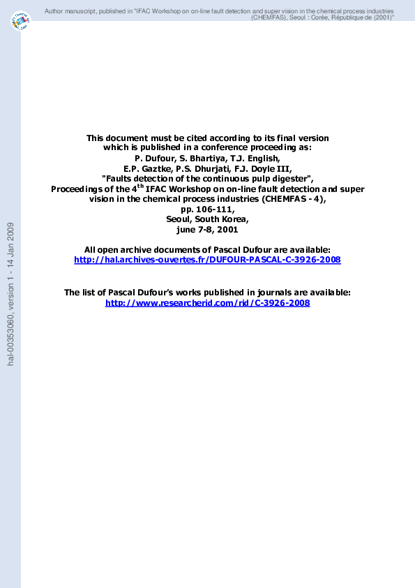 (PDF) Faults detection of the continuous pulp digester