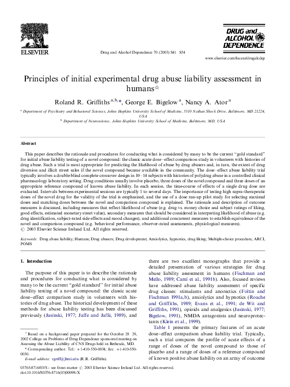 (PDF) Principles of initial experimental drug abuse liability ...