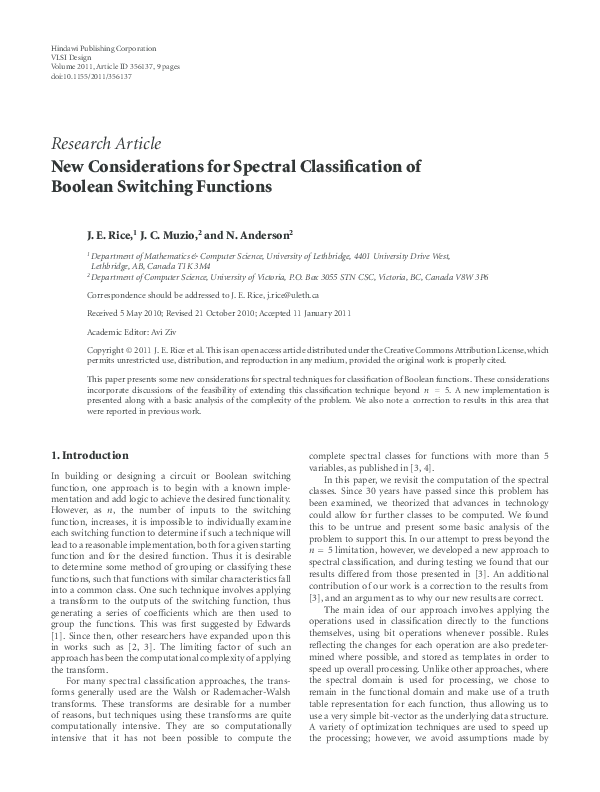 Pdf New Considerations For Spectral Classification Of Boolean Switching Functions