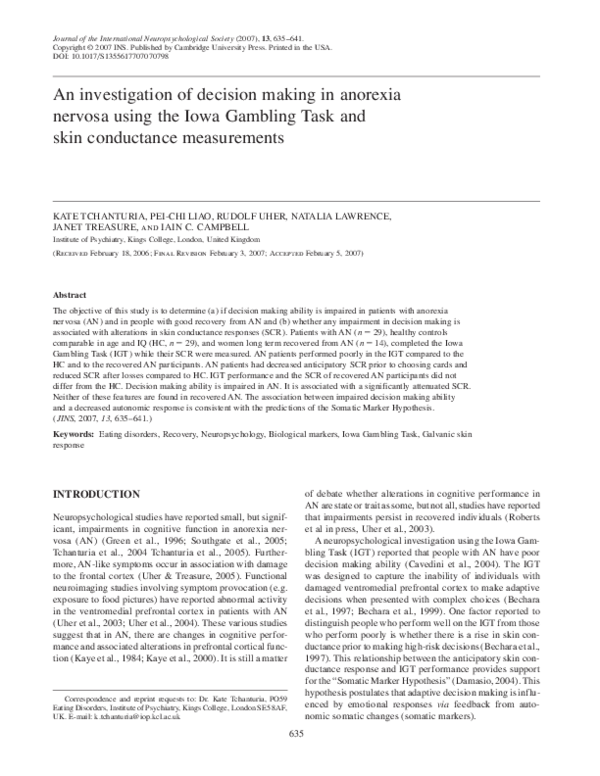 (PDF) An investigation of decision making in anorexia nervosa using the ...
